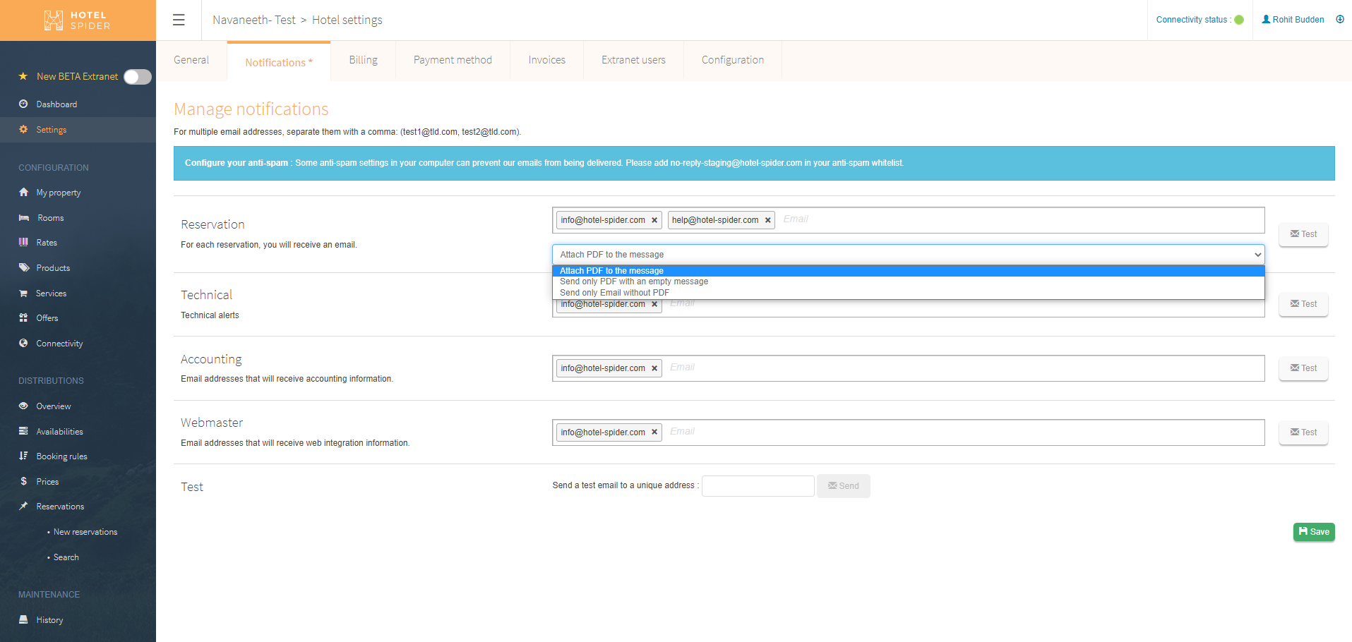 How do I define to which email addresses Hotel-Spider sends ...